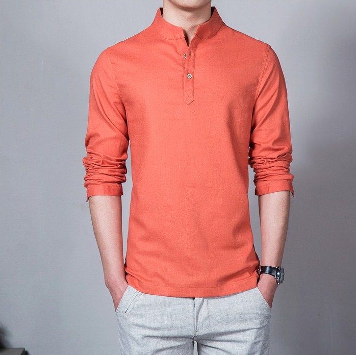 TripleClicks.com: Casual Fashion Long Sleeve Mandarin Collar Linen Men's Orange Shirt